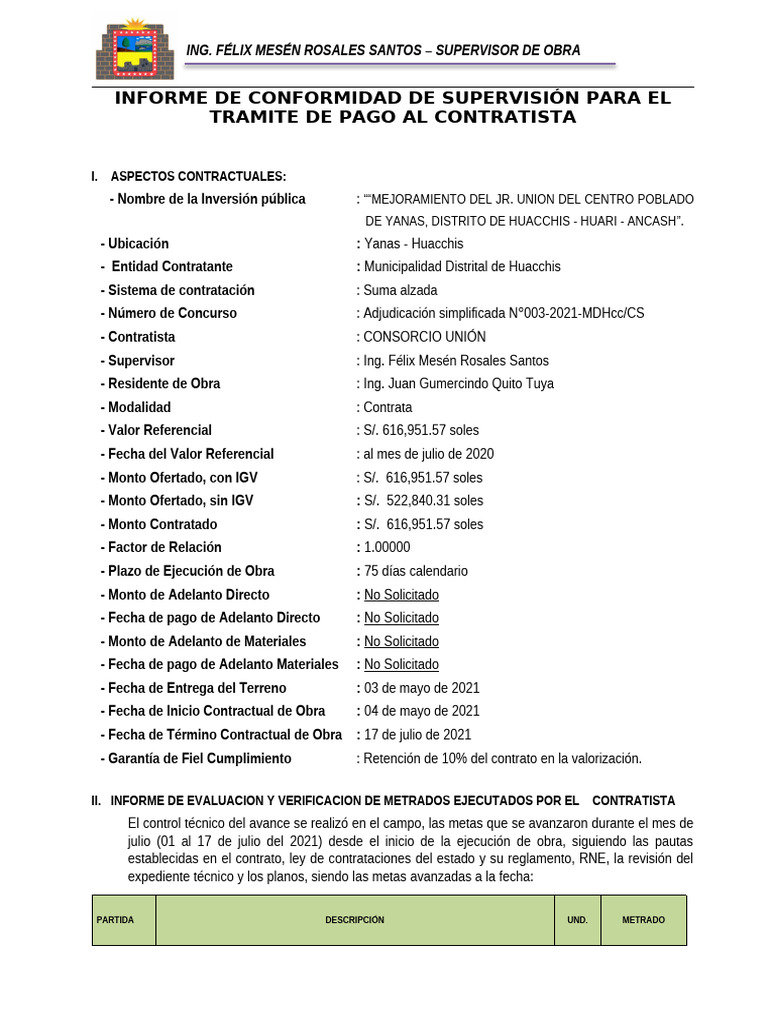 Informe de Supervisión de Obra Yanas | PDF | Hormigón | Ingeniería de ...