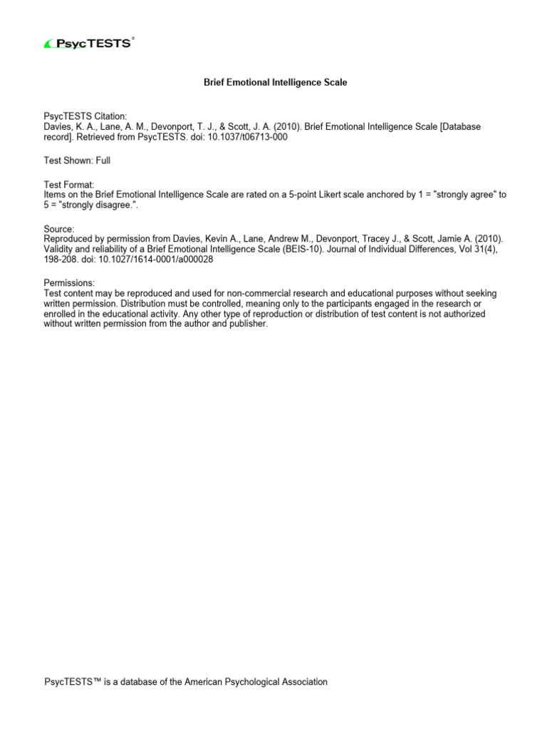 Brief Emotional Intelligence Scale | PDF | Cognitive Science | Behavioural Sciences