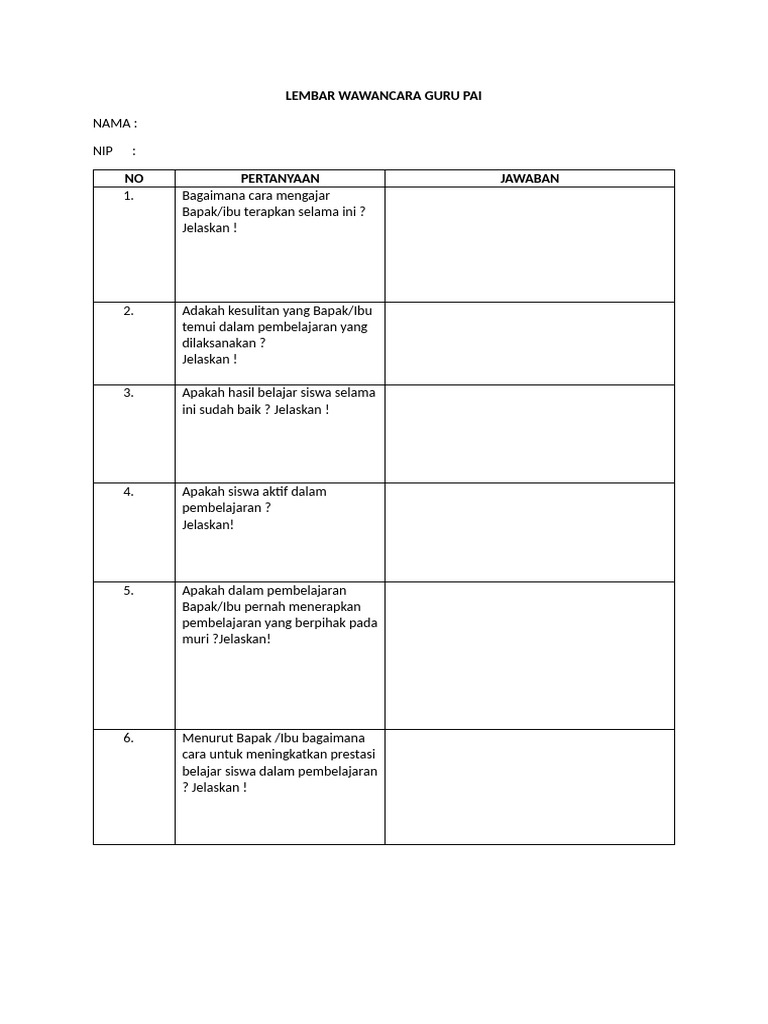 Lembar Wawancara Guru | PDF