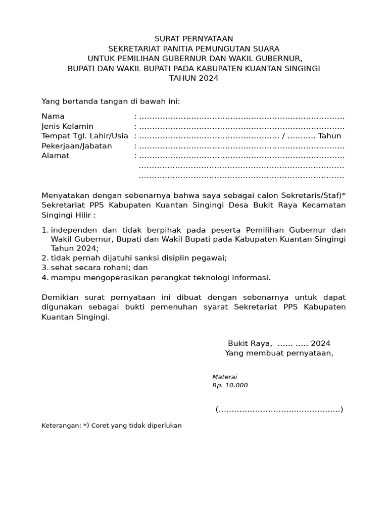 Surat Pernyataan Sekretariat PPS | PDF