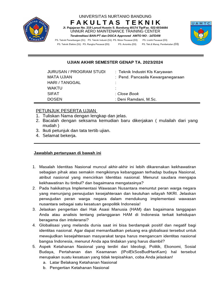 Soal UAS PKN T. Ind Genap 23-24_Kls Karyawan | PDF