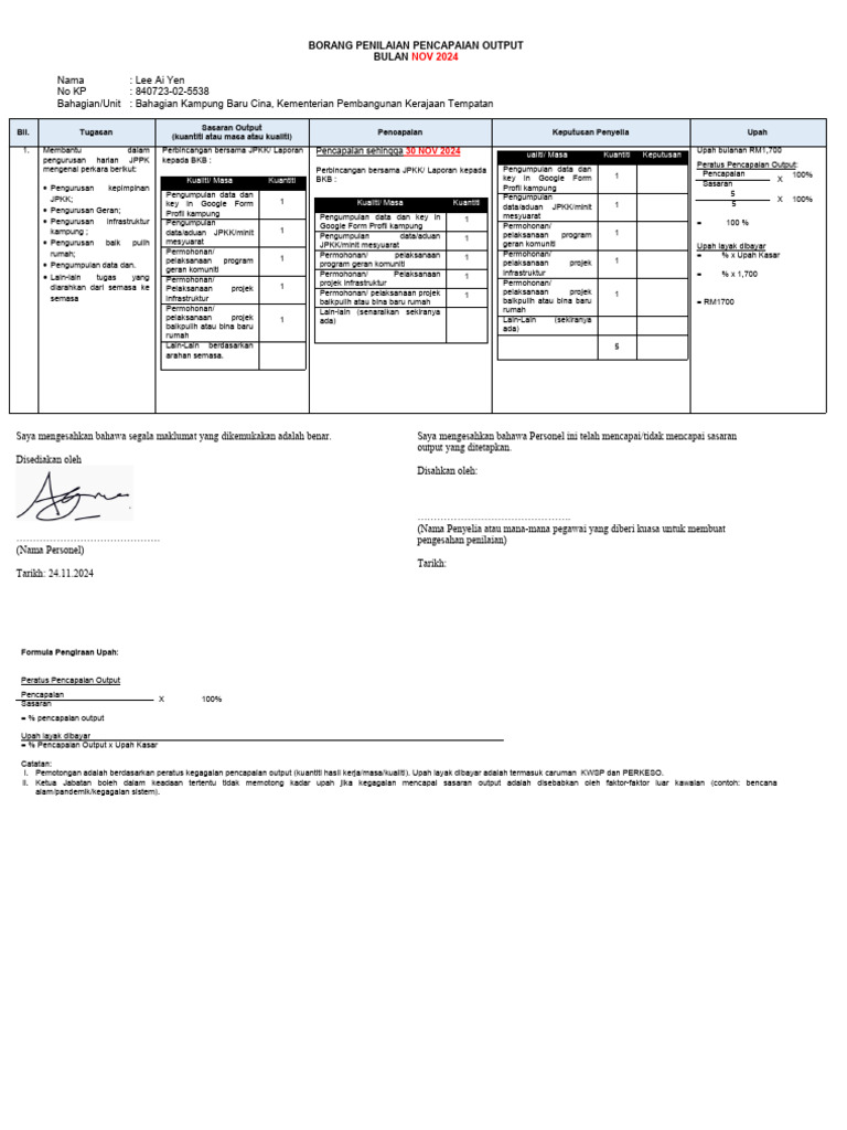 Nov.2024 - Borang Penilaian Pencapaian Output | PDF