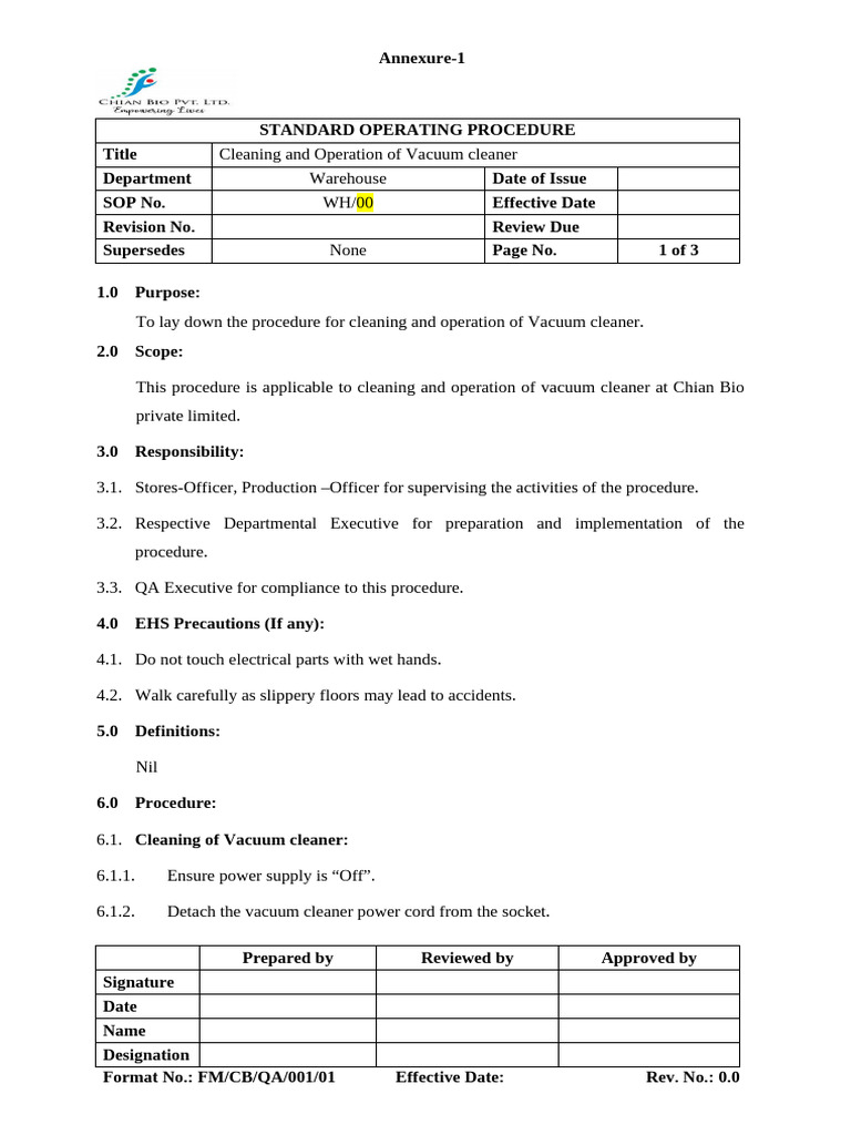 Vacuum Cleaner Operation SOP | PDF | Vacuum Cleaner | Industrial Processes