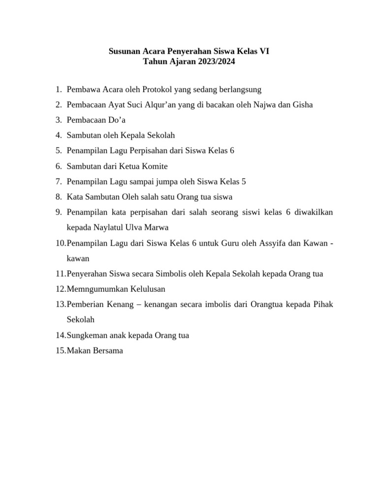 Susunan Acara Penyerahan Siswa Kelas VI | PDF
