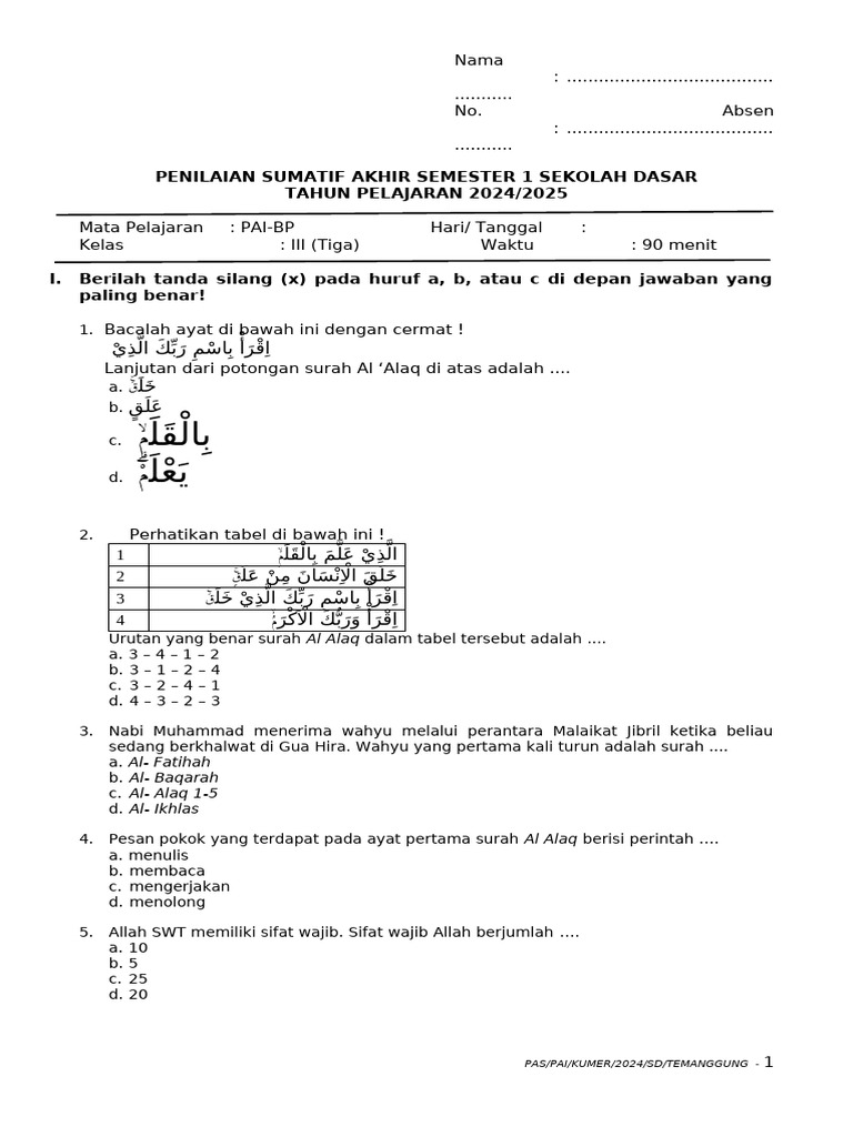 Soal SAS 1 PAI Kelas 3 TP 2024 - 2025 | PDF