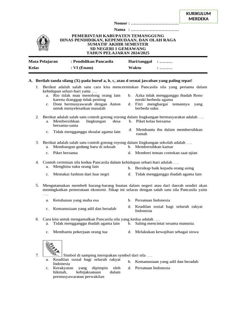 1 Soal Sas 1 Pend. Pancasila | PDF