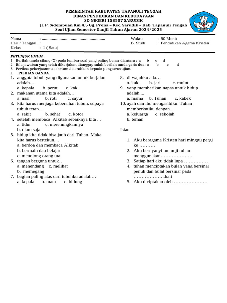 Soal Uas Pak Kelas 1 | PDF
