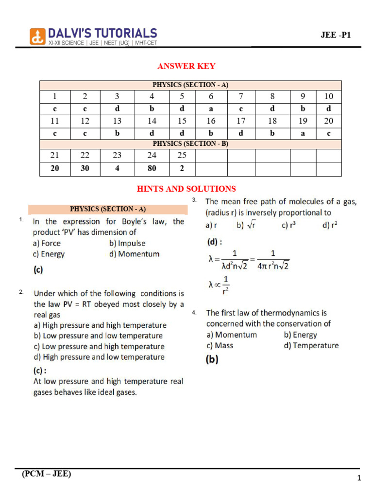 Xiith - Phy - Jee p1 - Hints & Solution | PDF