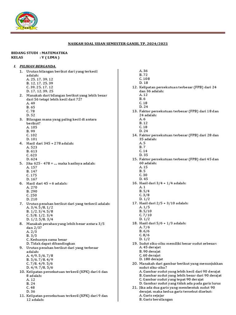 Soal Ujian Semester Ganjil Kelas 5 Matematika (KUMER) | PDF