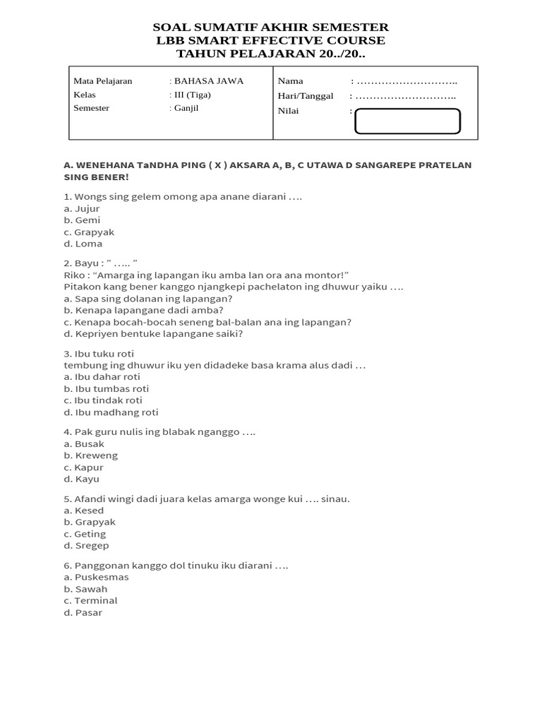 SOAL PAS BJAWA KELAS 3 | PDF