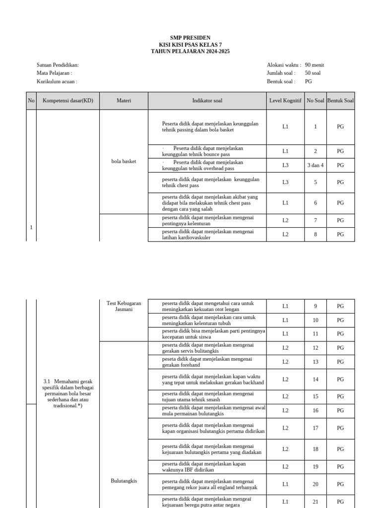 kisi kisi PJOK KELAS 7 PSAS GANJIL 2024 | PDF