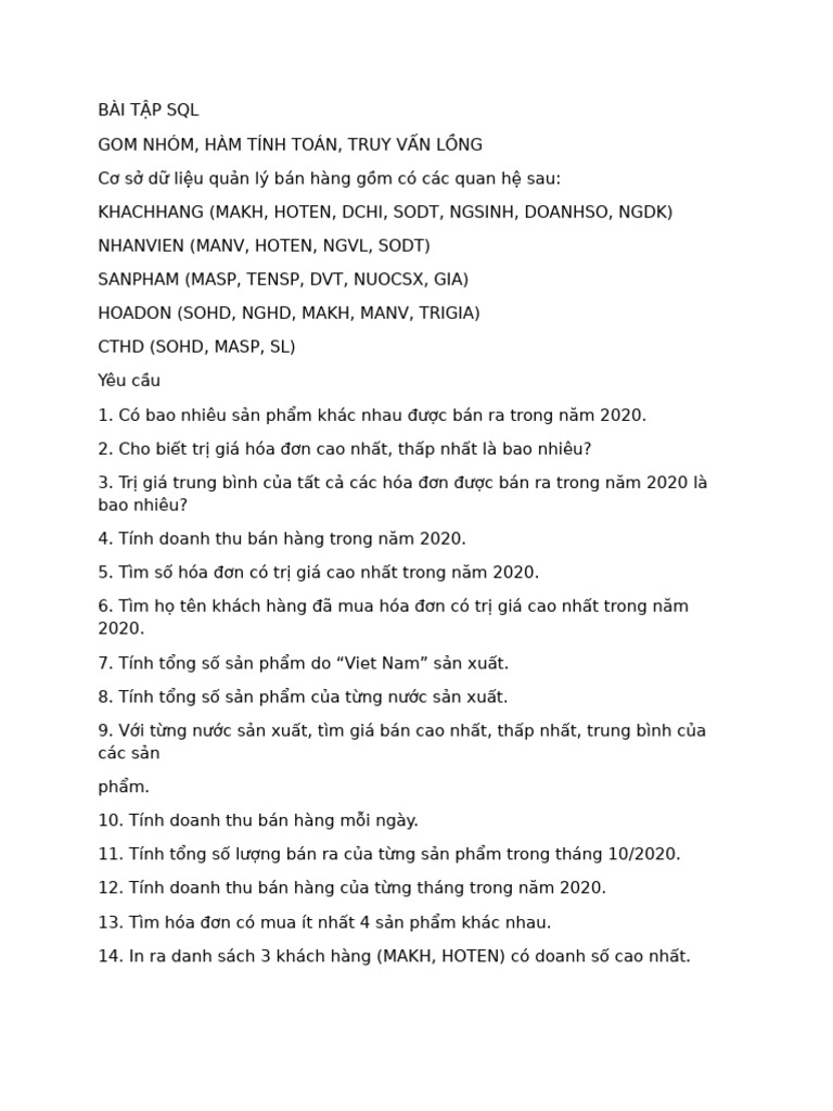 BÀI TẬP SQL | PDF