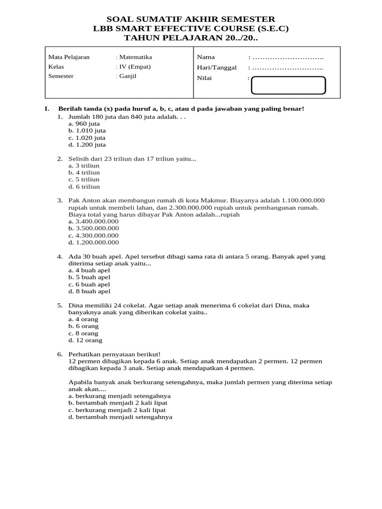 Soal SAS 1 MTK Kelas 4 | PDF