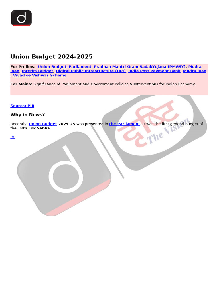 Union Budget 2024-25 Highlights Overview | PDF | Taxes | Government ...