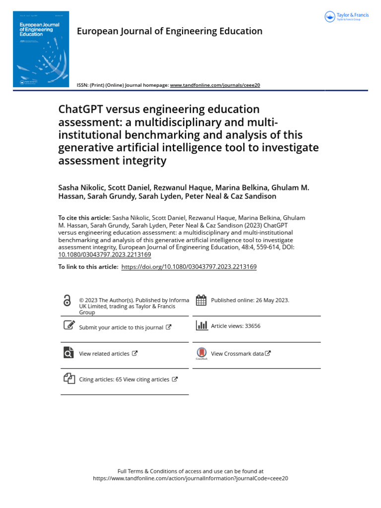 ChatGPT vs. Engineering Education Assessment A Multidisciplinary and Multi-Institutional ...