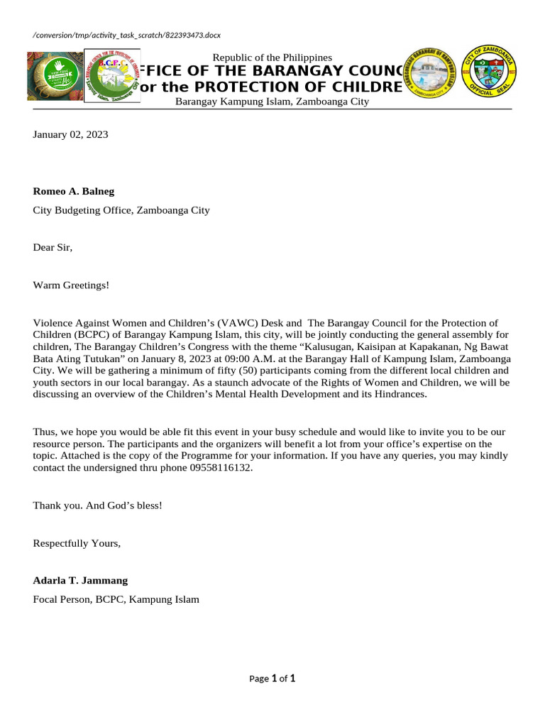 Children Congress BCPC Invitation Letter Romeo Balneg | PDF