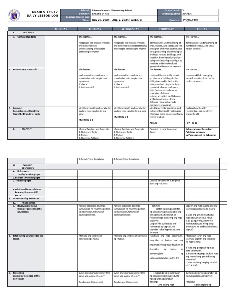 DLL - Mapeh 5 - Q1 - W1 | PDF