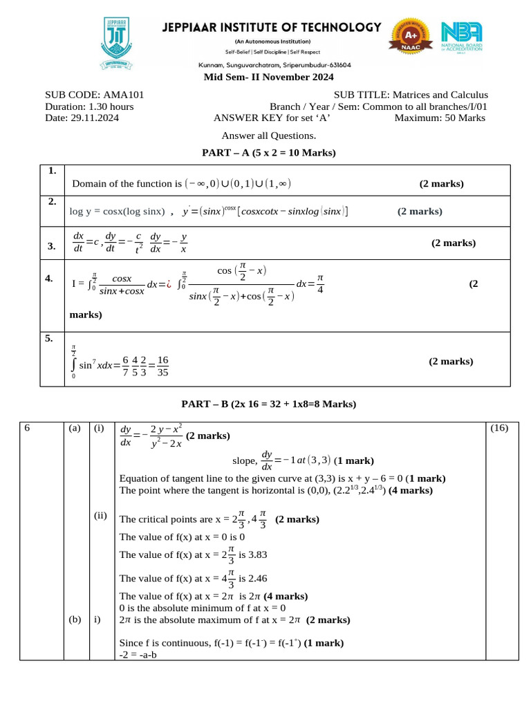 AMA101 MID II ANS KEY 'A' Set | PDF | Differential Geometry | Calculus