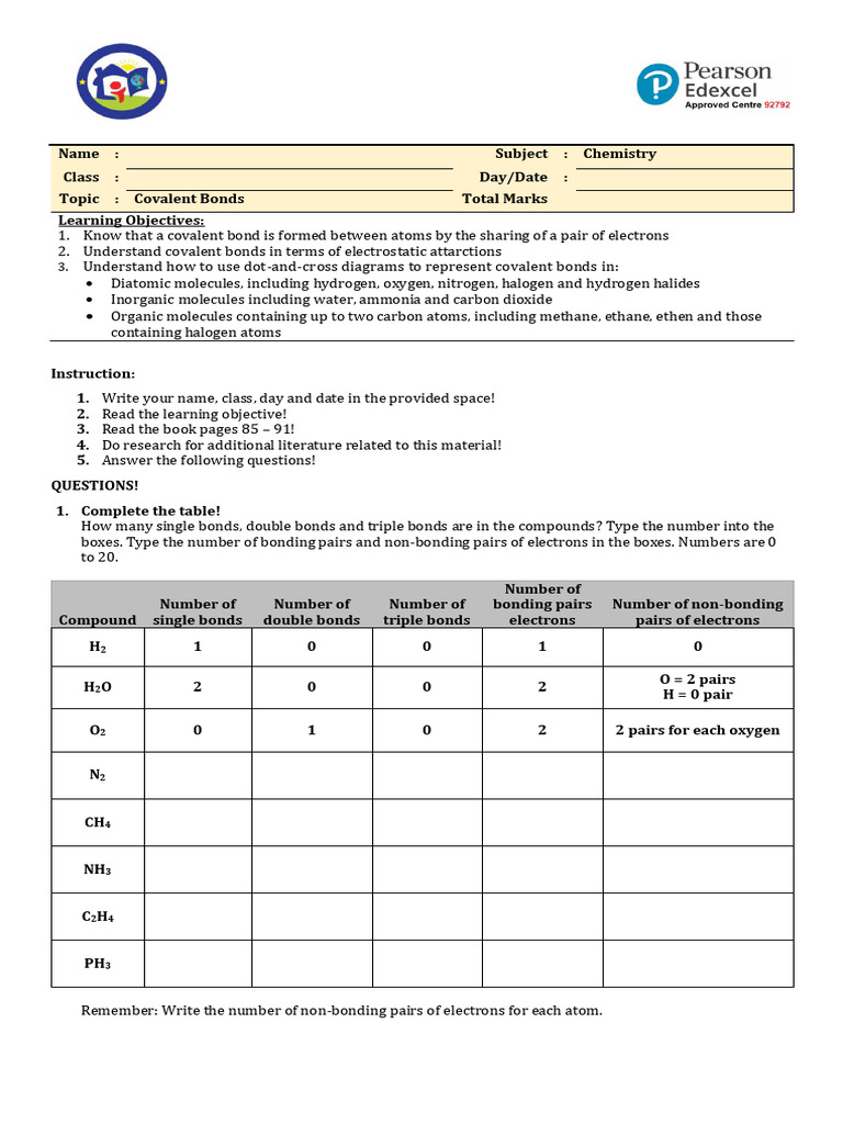 Worksheet Covalent Bond 1 - 380080777 | PDF | Chemical Bond | Covalent Bond