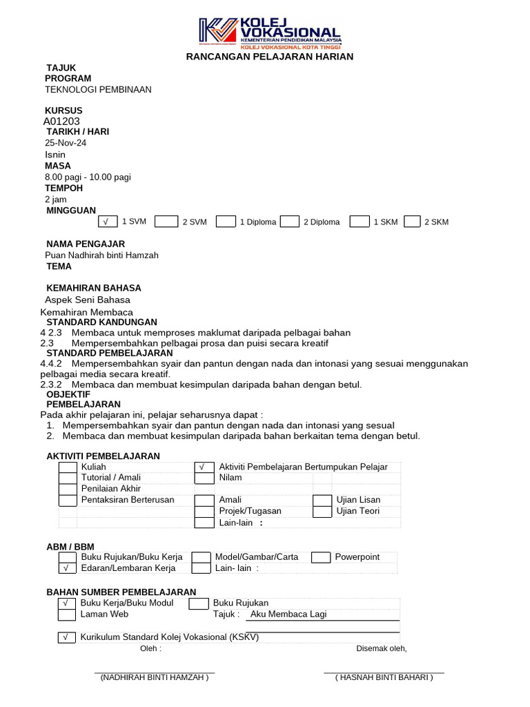 Rancangan Pelajaran Harian: Tajuk Program | PDF
