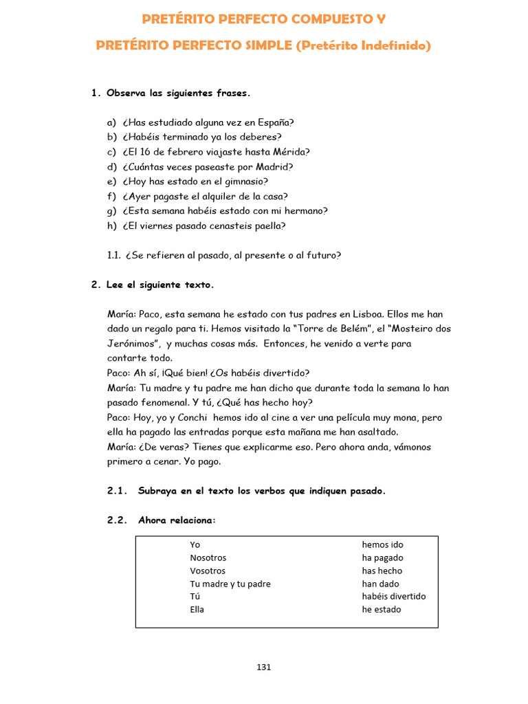 NUEVOS EJERCICIOS PRETERITO PERFECTO COMPUESTO | PDF | Verbo ...