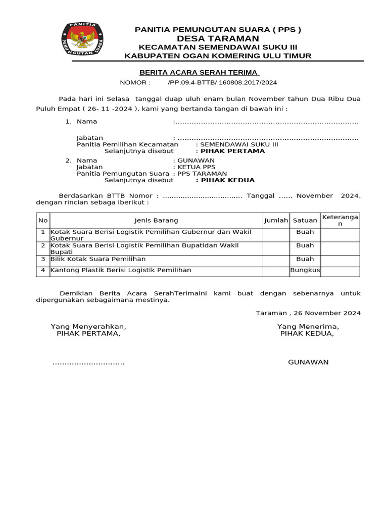 Bast PPS Menerima Logistik Dari PPK | PDF