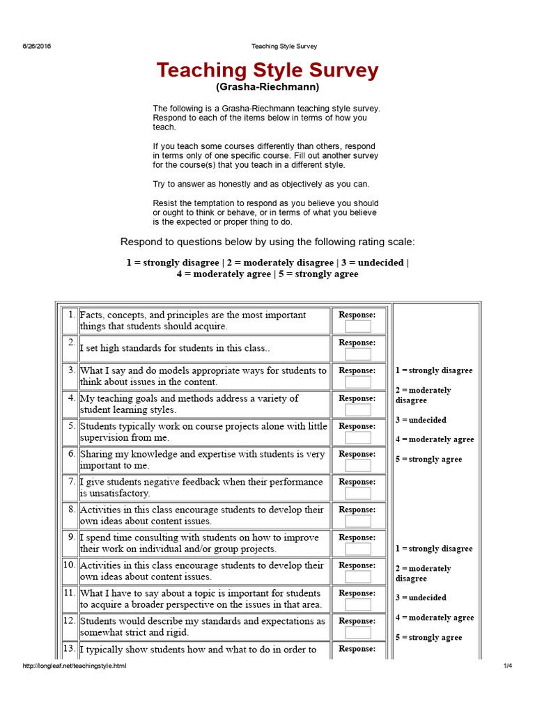Grasha-Riechmann Teaching Style Survey | PDF | Learning | Knowledge