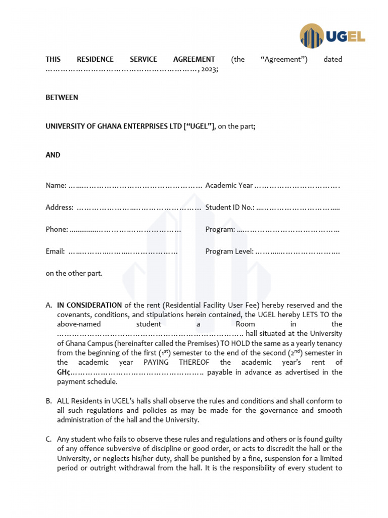 University of Ghana Residence Agreement | PDF | Indemnity | Common Law