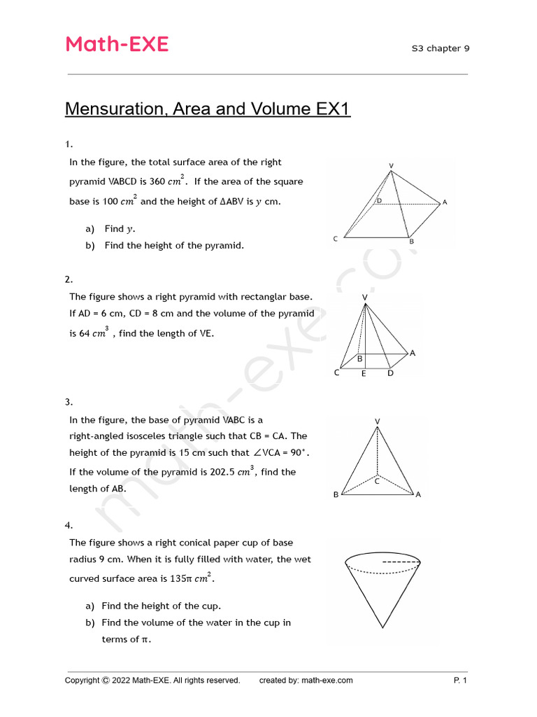 s3 ch9 Mensuration, Area and Volume Ex1 Eng | PDF | Area | Classical ...