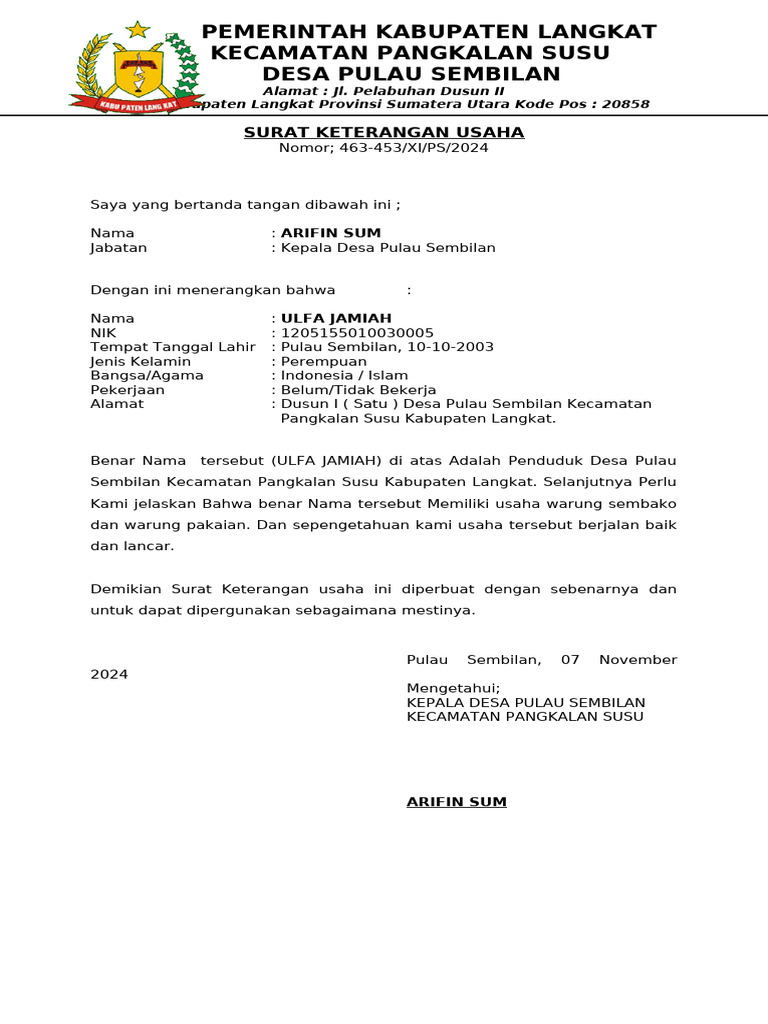 Surat Keterangan Usaha Ulfa Jamiah | PDF