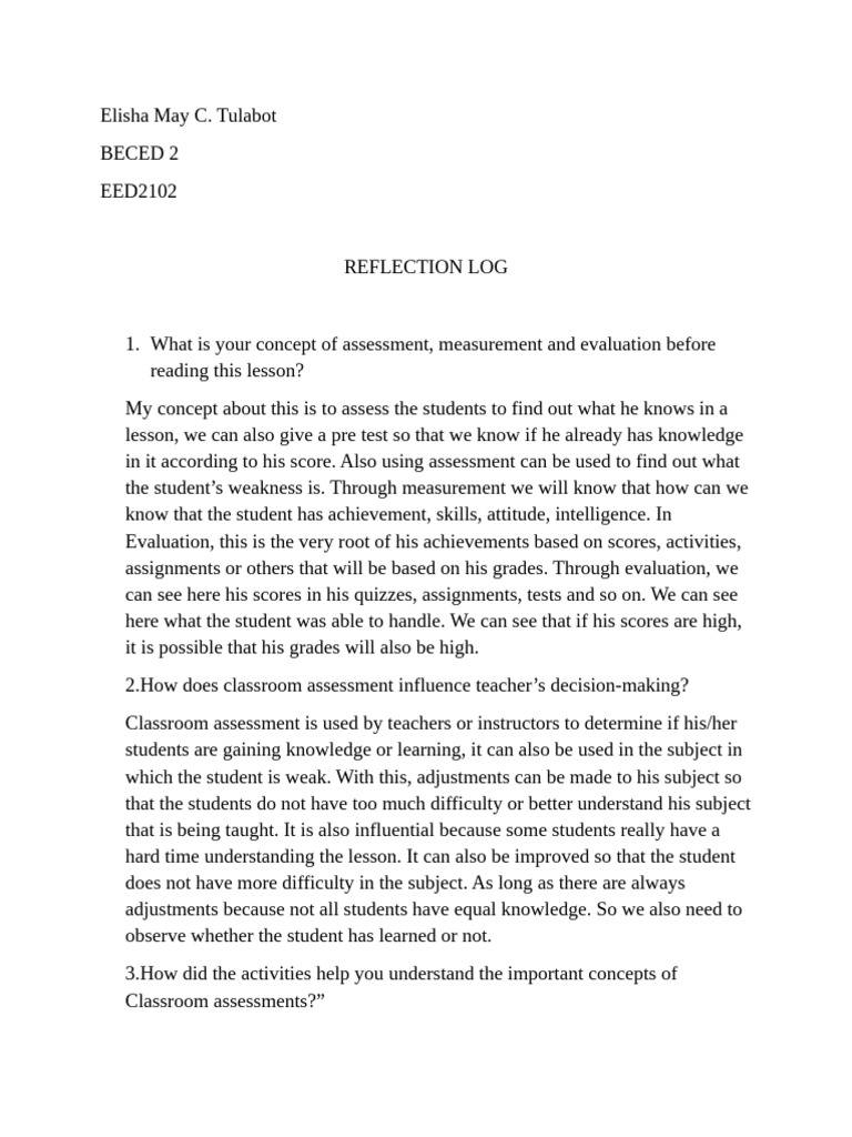 REFLECTION LOG | PDF | Educational Assessment | Teachers