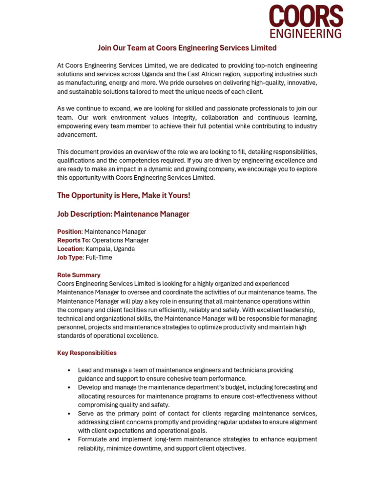 Maintenance Manager Job Description | PDF | Safety | Business