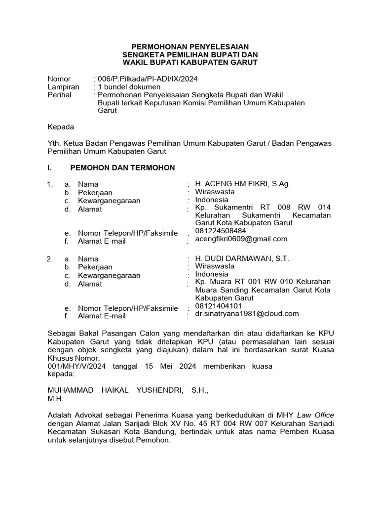 5272cdd76ef85edbe799b3f2a5976d98_draft Permohonan Keberatan Dct Kpu | PDF