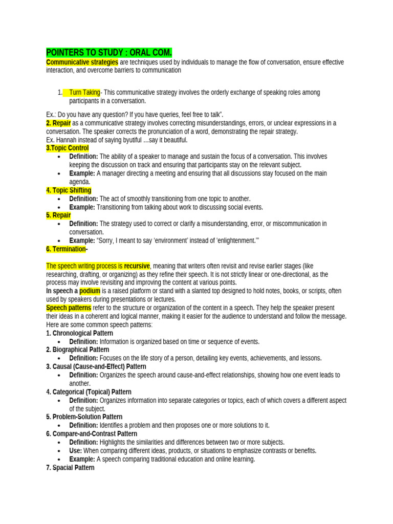 Pointers To Study Oral Com. | PDF | Speech | Conversation
