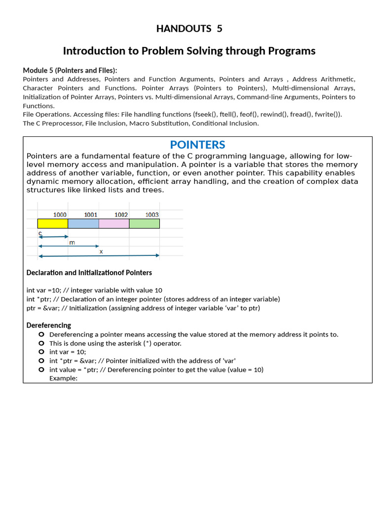Handouts Module 5 Pointers And Files Under Construction Vs Pdf Pointer Computer Programming