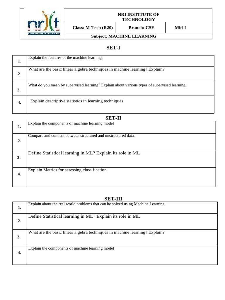 ML Mid1 QP (Sets) | PDF