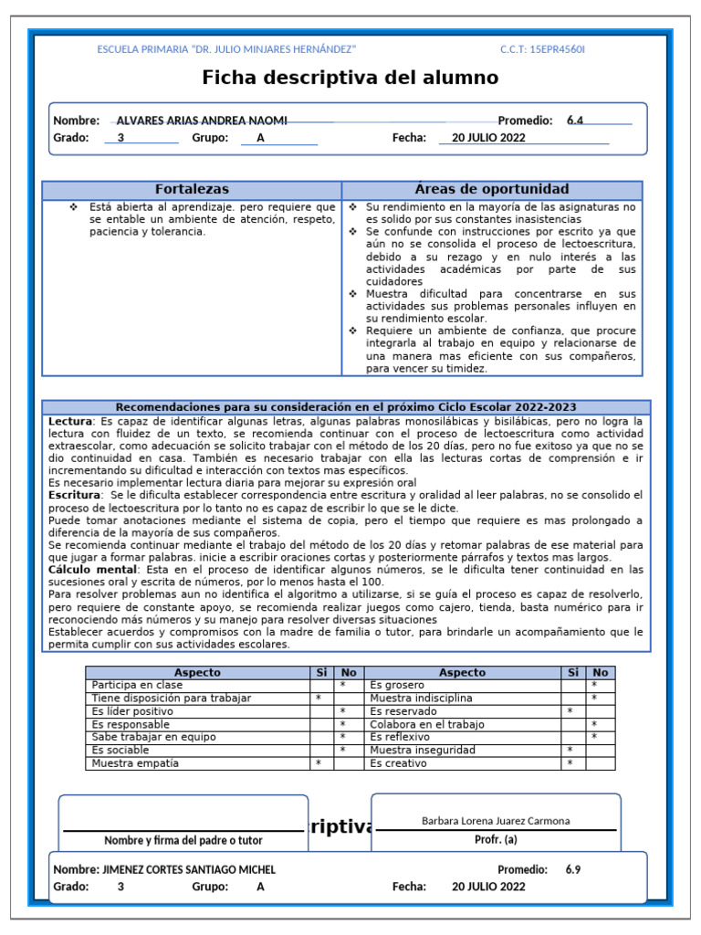 Ficha Descriptivas REZAGO | PDF | Educación primaria | Escritura