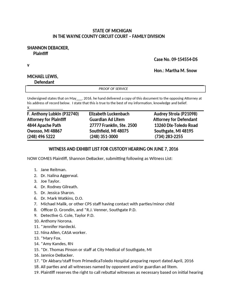 DeBacker Shannon v Lewis Michael Trial Brief and Memorandum of Law and ...