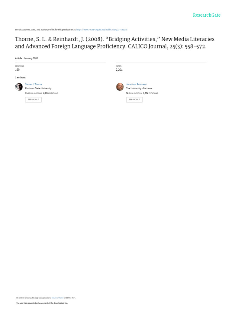 2008 Thorne, S. L., & Reinhardt, J. "Bridging Activities," New Media ...