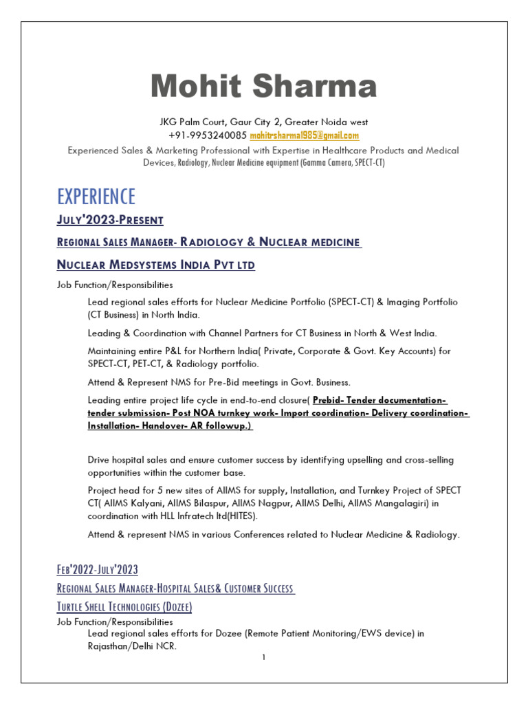Resume-Mohit Sharma August'24 | PDF | Radiology | Nuclear Medicine