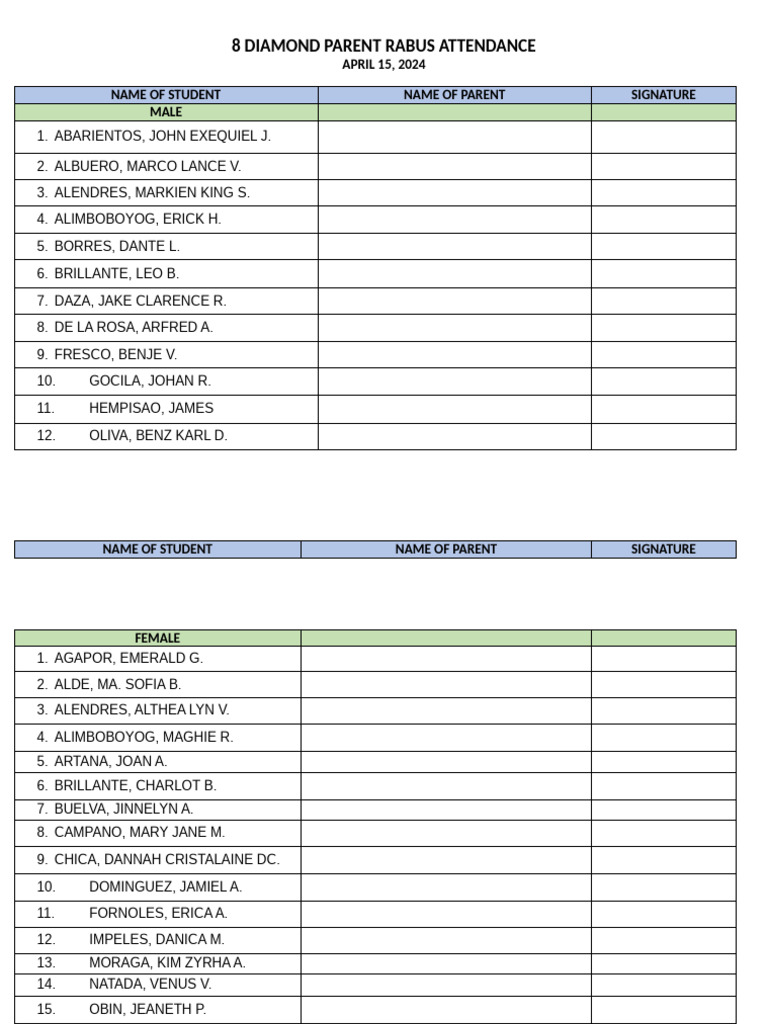 8-Diamond - Parent Rabus Attendance Sheet | PDF
