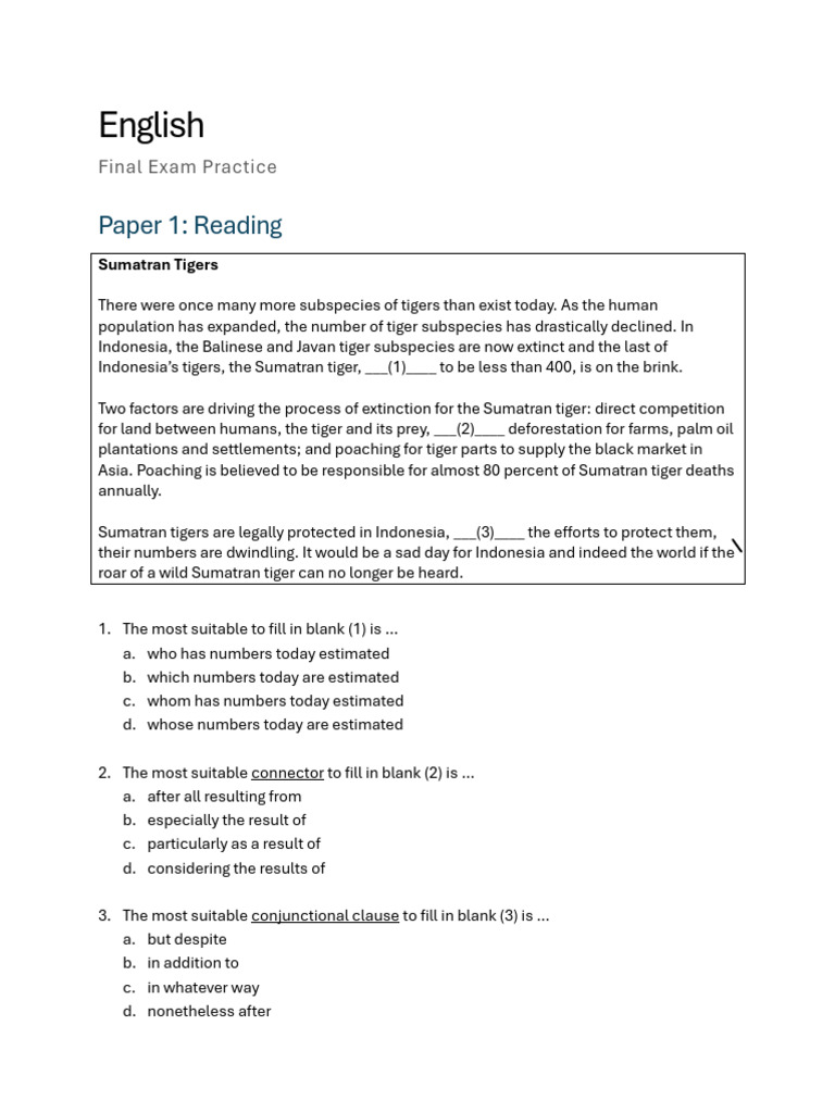 English Final Exam Practice Paper 2 | PDF | Tiger | Spider Web