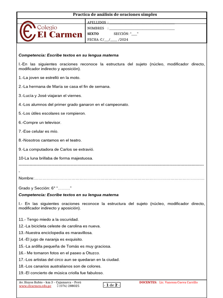 Practica de oraciones simples comunicación primaria 24 | PDF