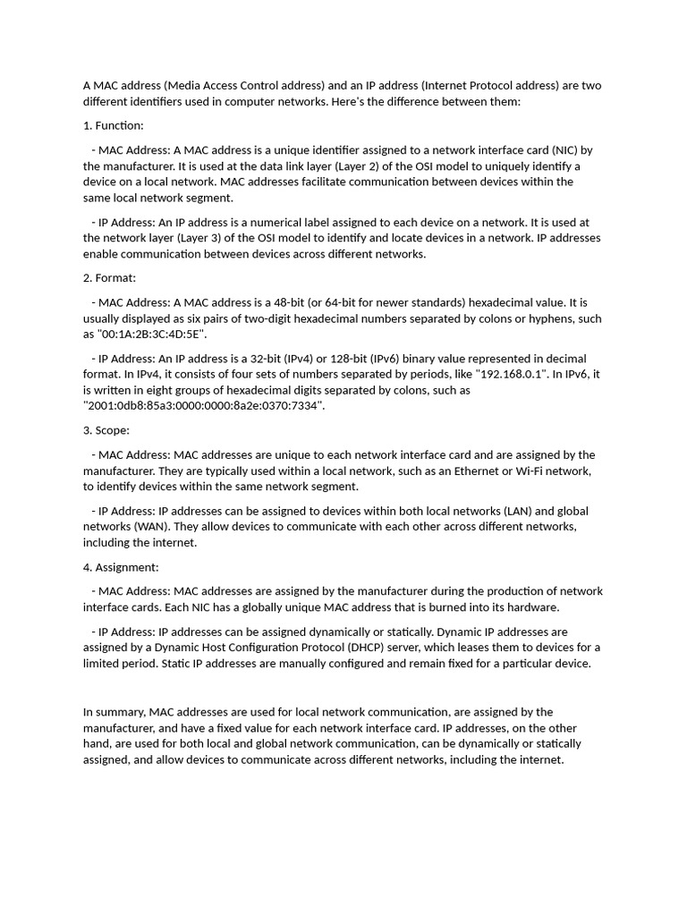 A MAC Address Vs IP Address | PDF | Ip Address | Computer Network