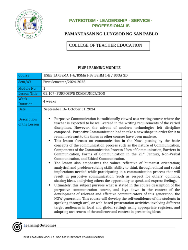 Module in Ge 107 Purposive Com | PDF | Communication | Learning