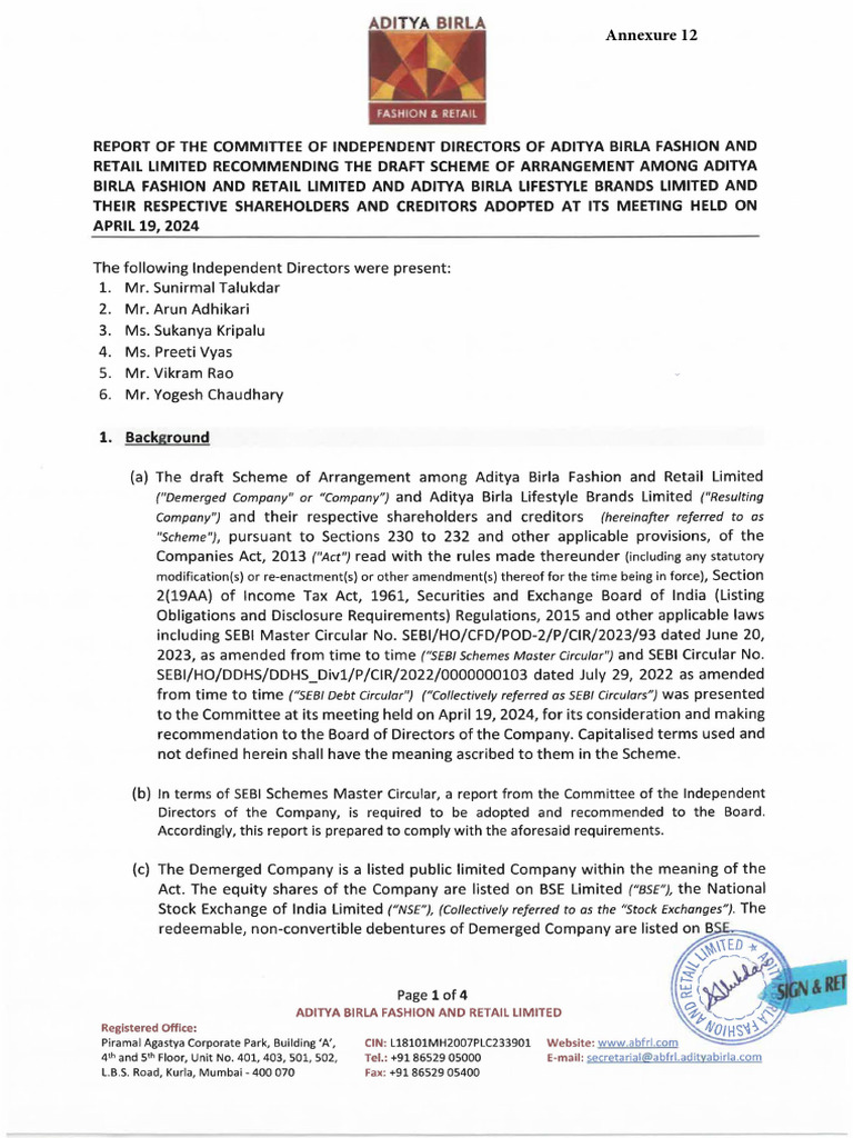 ABFRL and Lifestyle Brands Scheme Report | PDF | Audit | Equity (Finance)