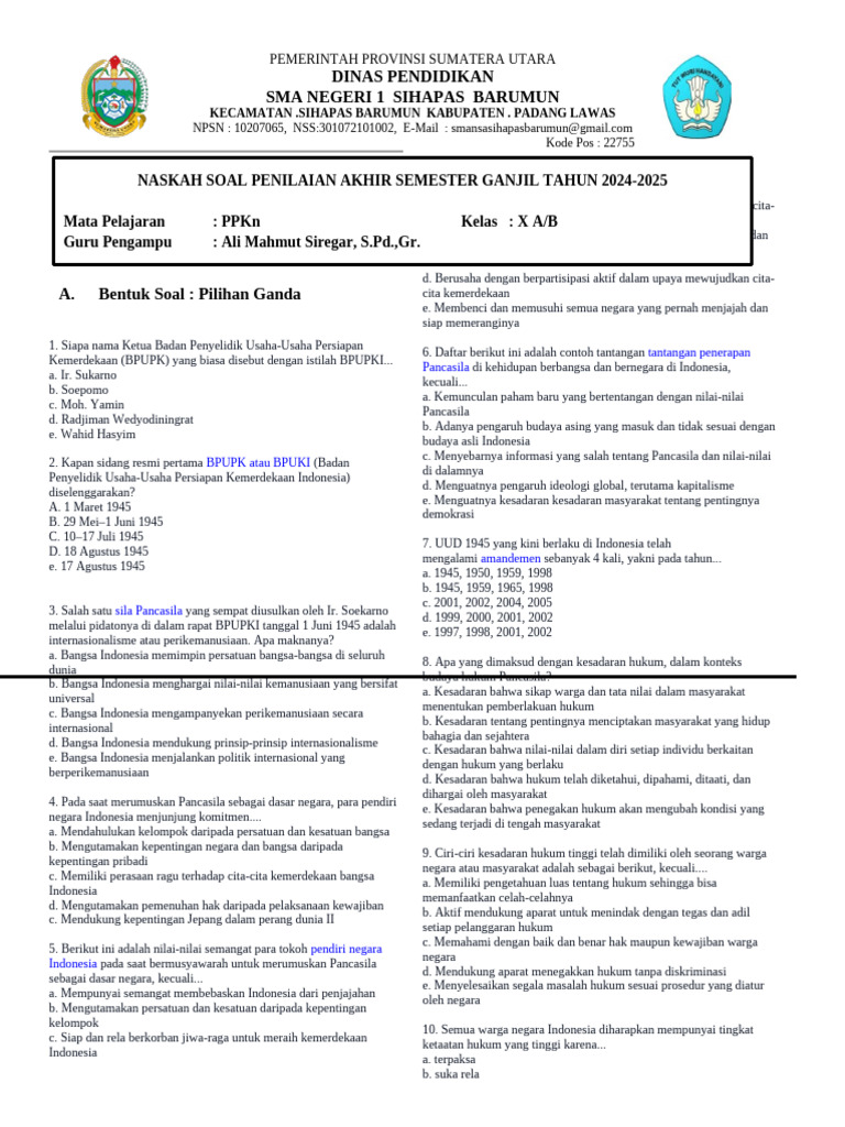 Soal PAS Ganjil PPKN X | PDF