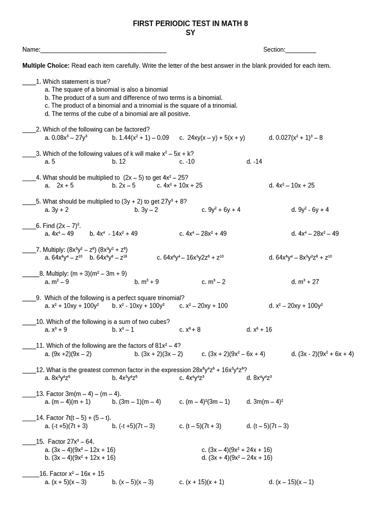 PT Mathematics 8 q1 | PDF | Factorization | Elementary Mathematics