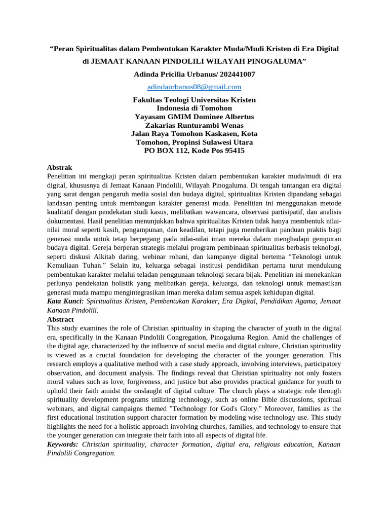 Peran Spiritualitas dalam Pembentukan Karakter Muda dan Mudi Kristen di Era Digital di JEMAAT ...