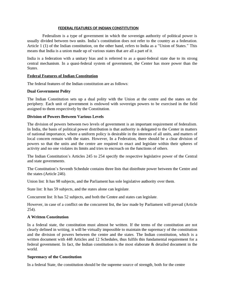 Federal Features of the Indian Constitution | PDF | Legal Documents ...